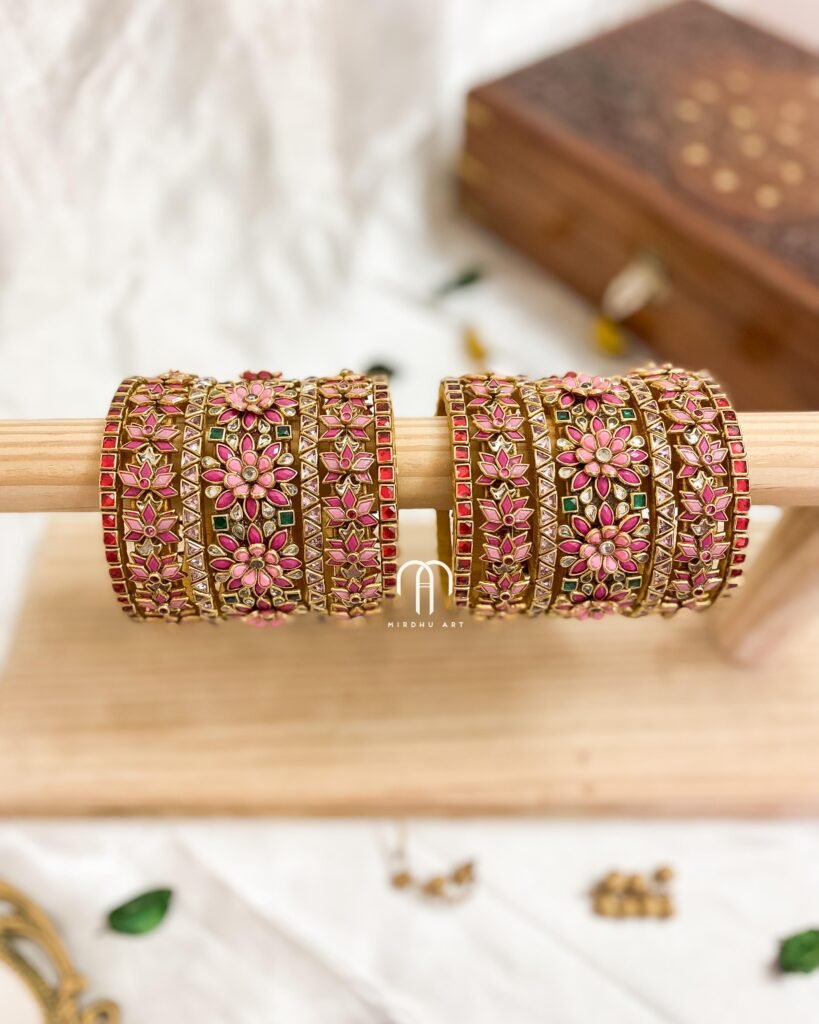 Kundan Bangles – Rani Pink & Baby Pink (3D Flower) Bangles – mirdhuart.com