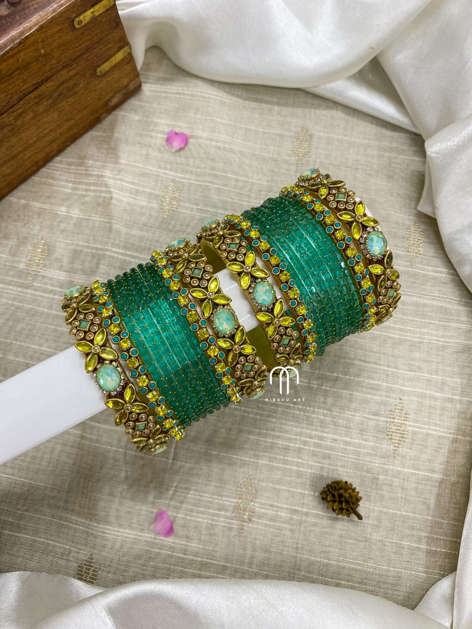 2D Crystal Kada Bangles -(Yellow And Turquoise Green) – mirdhuart.com